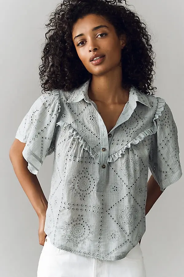 PILCRO Embroidered Eyelet Buttondown Shirt - Blue