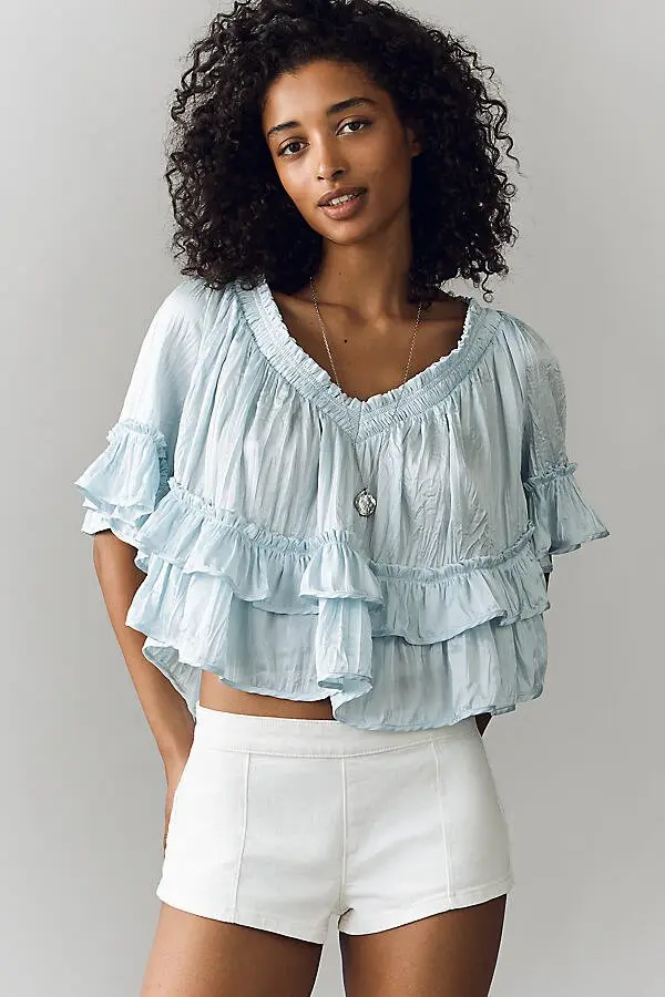 Anthropologie Short-sleeve Ruffle Top - Blue