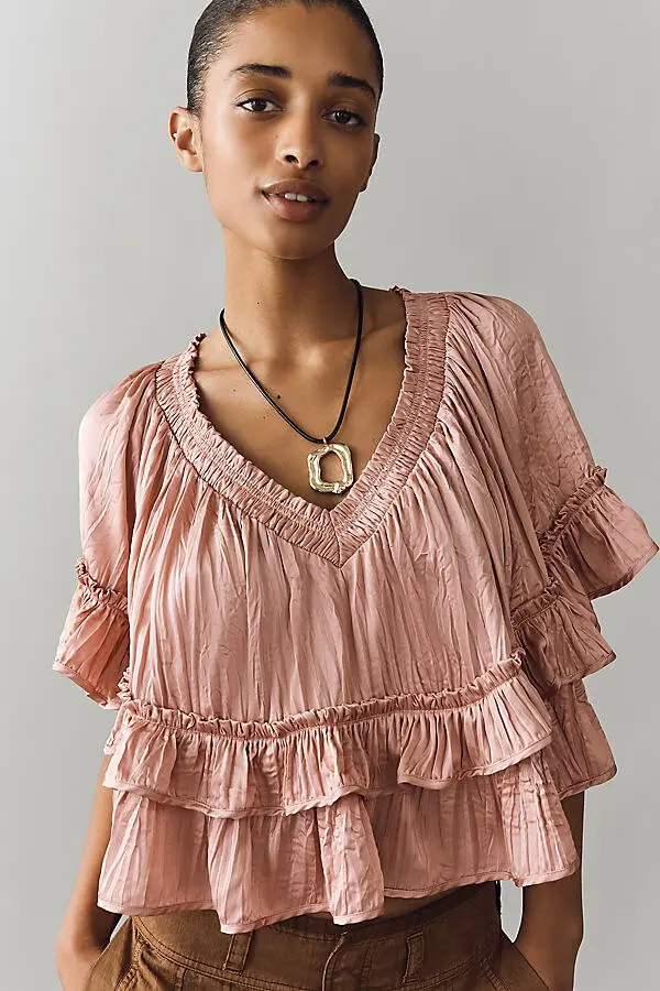 Anthropologie Short-sleeve Ruffle Top - Rose