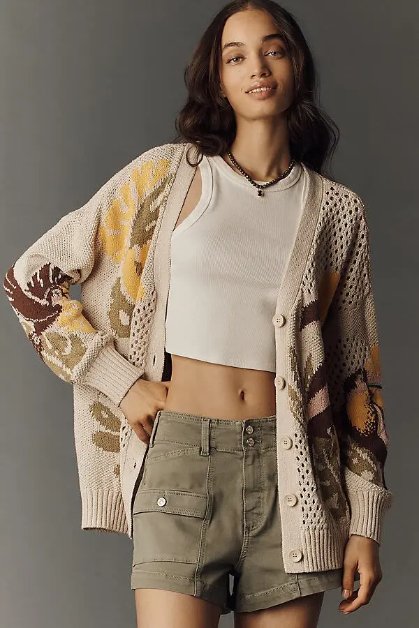 Anthropologie Open Stitch Cardigan With Tropical Print - Ivory Pattern