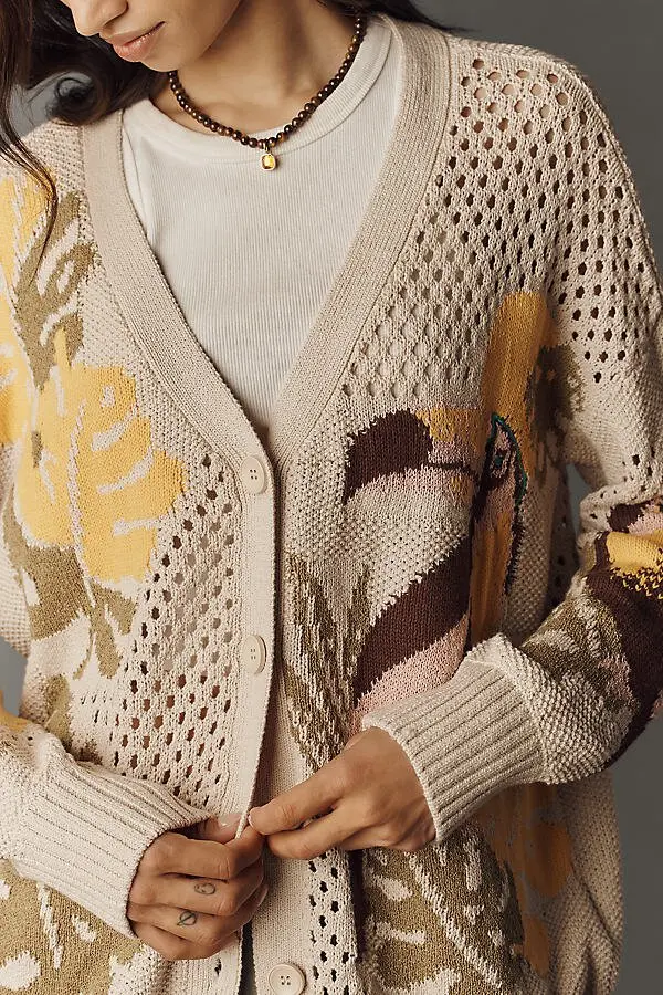 Anthropologie Open Stitch Cardigan With Tropical Print