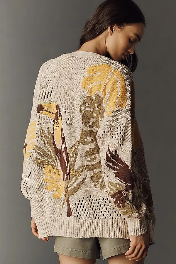 Anthropologie Open Stitch Cardigan With Tropical Print