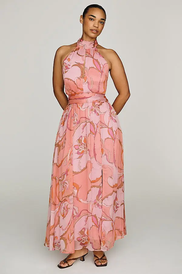 Anthropologie Maeve Cutout Halter Maxi Dress - Pink Pattern