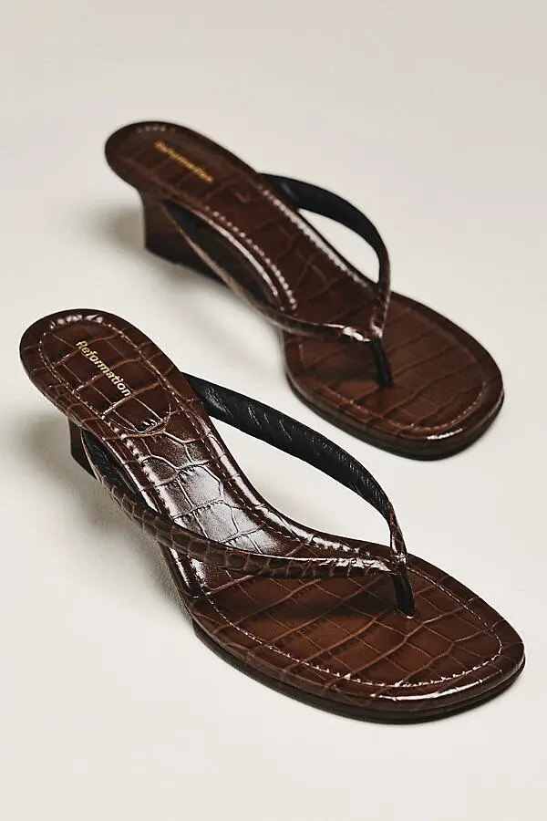REFORMATION Amelia Thong Wedge Sandals - Brown Croc