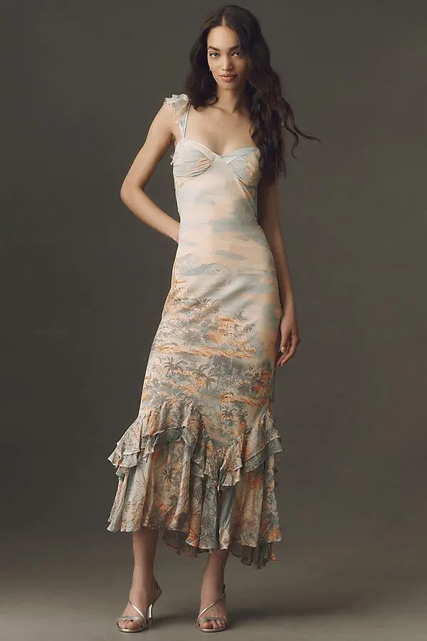 Bhldn Chiffon Ruffle Maxi Dress - Blue Pattern