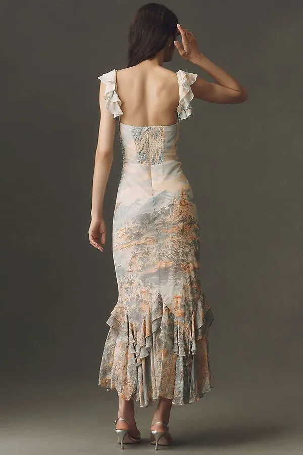 Bhldn Chiffon Ruffle Maxi Dress - Blue Pattern