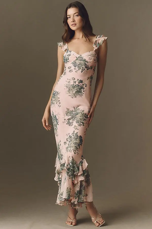 Bhldn Chiffon Ruffle Maxi Dress - Green Pattern