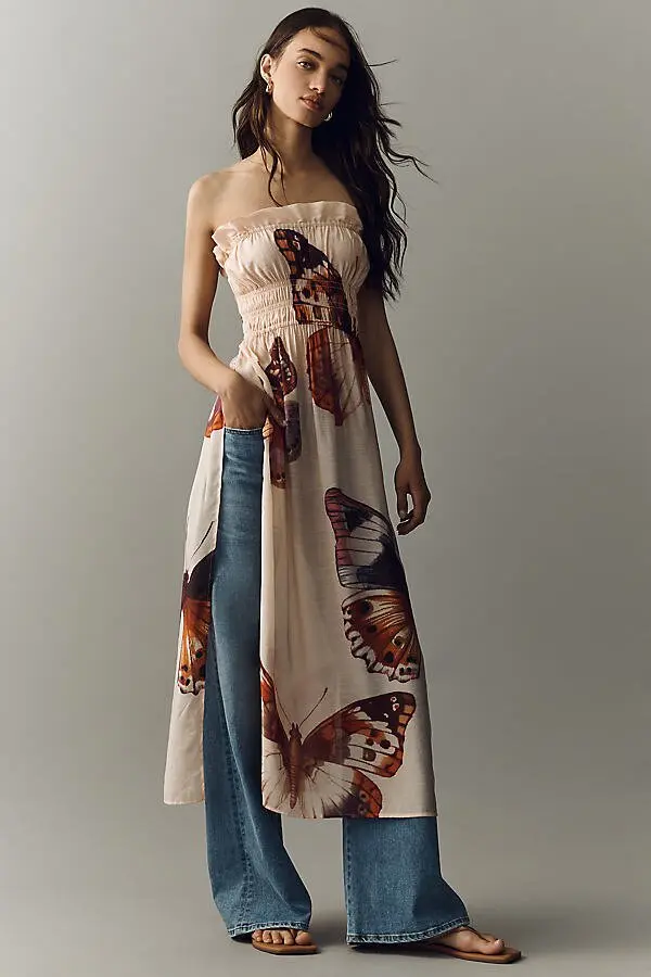Anthropologie Sheer Maxi Top With Smocked Bodice - Butterfly