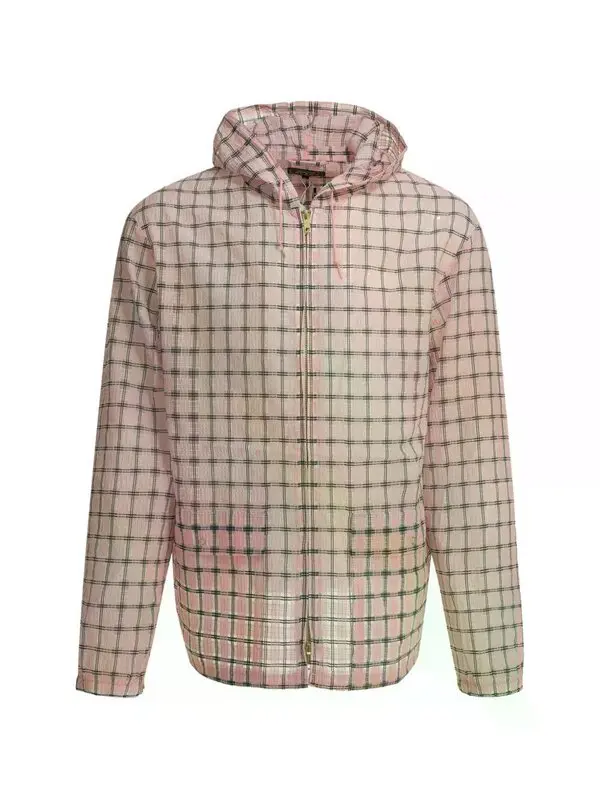 BEAMS Check-pattern Hooded Coat - Pink