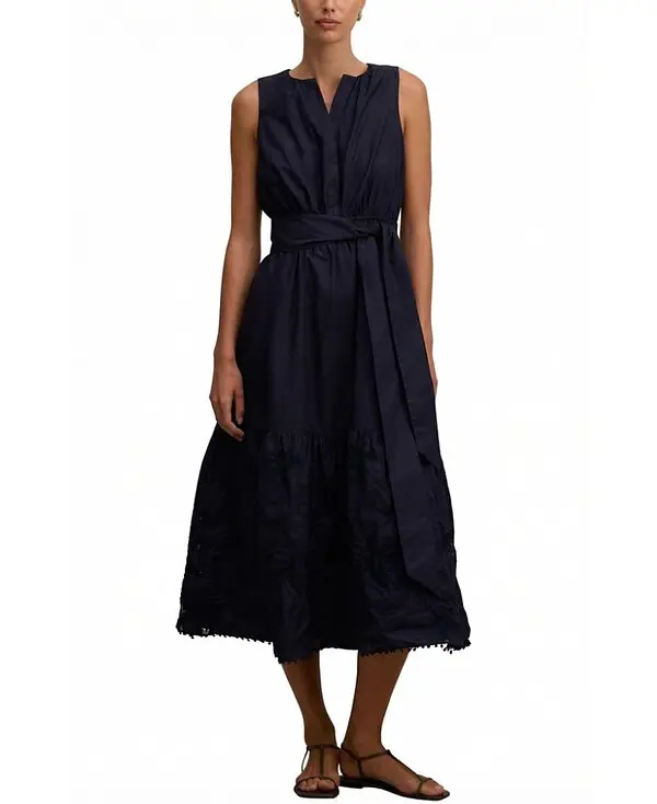 EVER NEW Evie Sleeveless Embroidered Tie Midi Dress - Navy