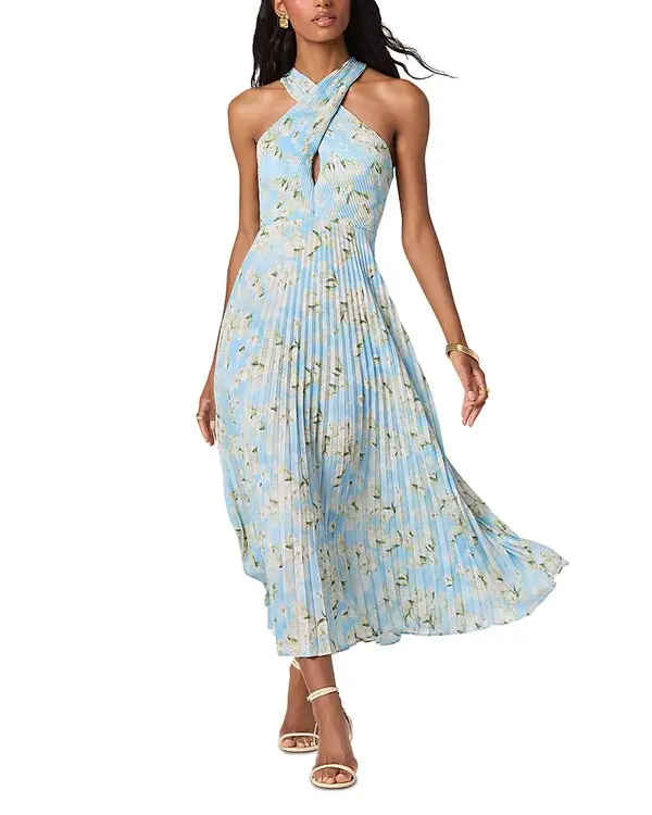 Astr The Label Samantha Pleated Back Cutout Dress - Blue Flora
