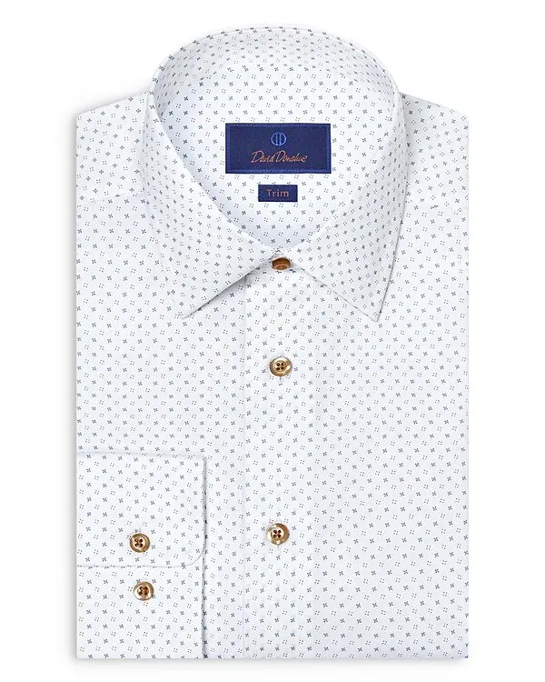 David Donahue Trim Fit Neat Print Dress Shirt - White/ Dune