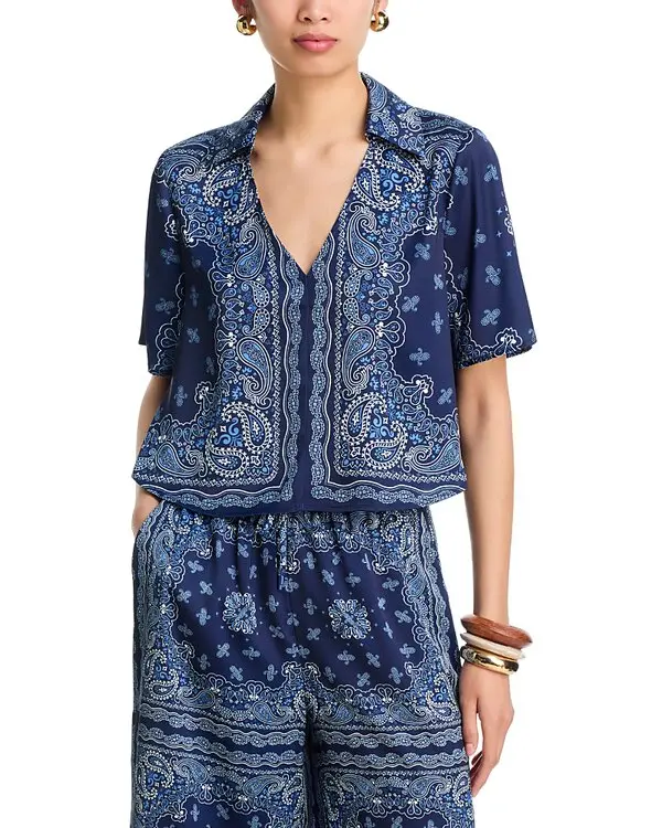 Aqua Bandana Print Short Sleeve Top - Navy