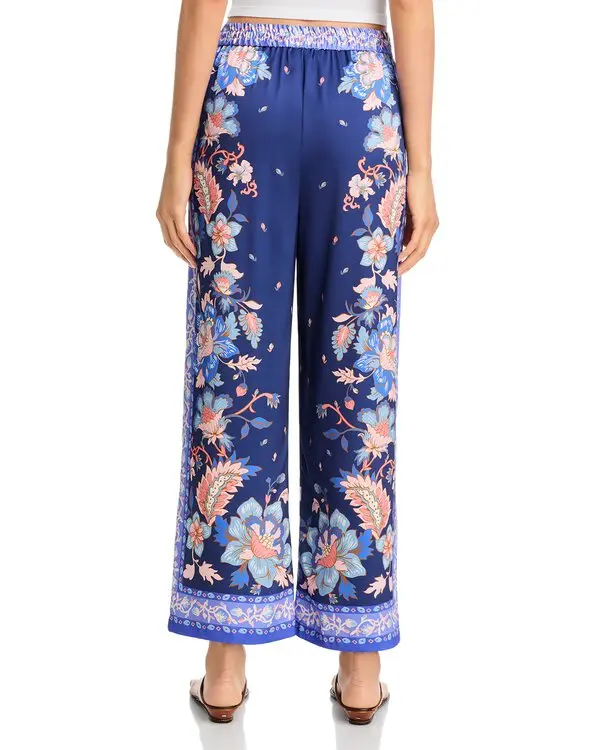 Aqua Wide Leg Floral Print Drawstring Pants