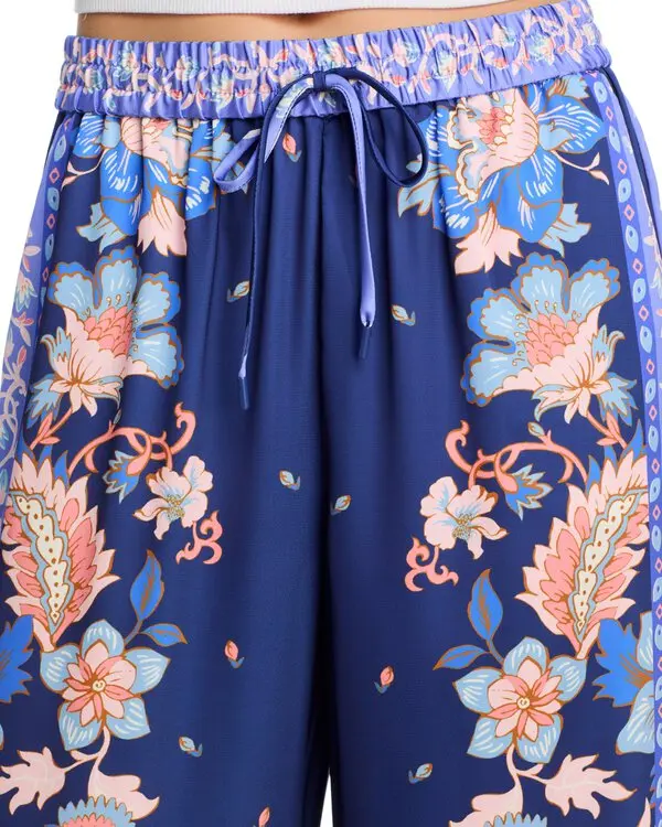 Aqua Wide Leg Floral Print Drawstring Pants