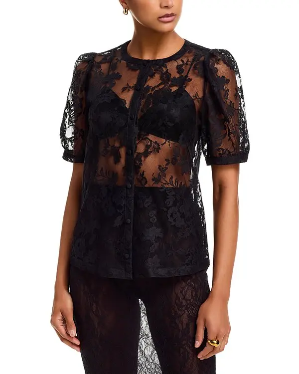 Alexander McQueen Sheer Lace Puff Sleeve Top - Black