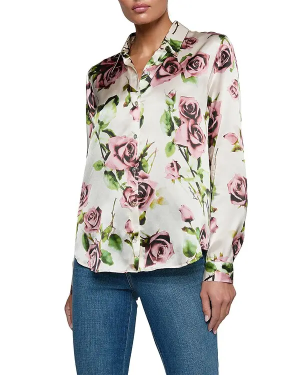 L'Agence Tyler Silk Floral Shirt - Ecru/mauve Romantic Rose