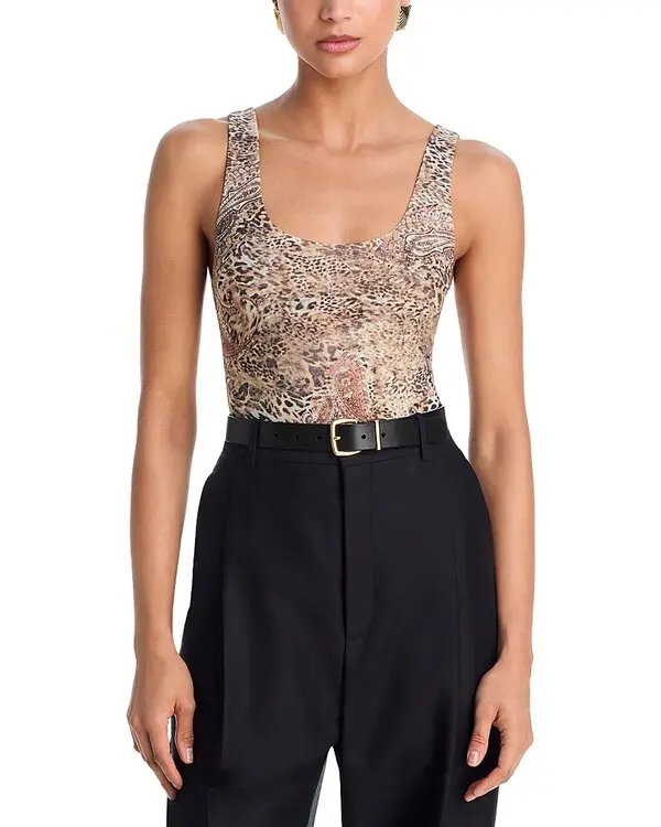 L'Agence Kalea Scoop Neck Tank Bodysuit - Tan/mauve Leopard
