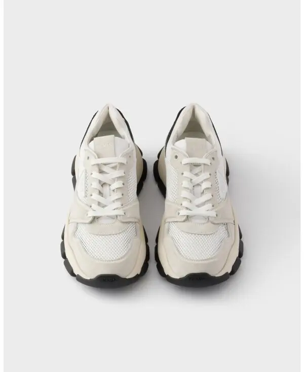 Prada Mesh Fabric And Suede Lace-up Sneakers - White