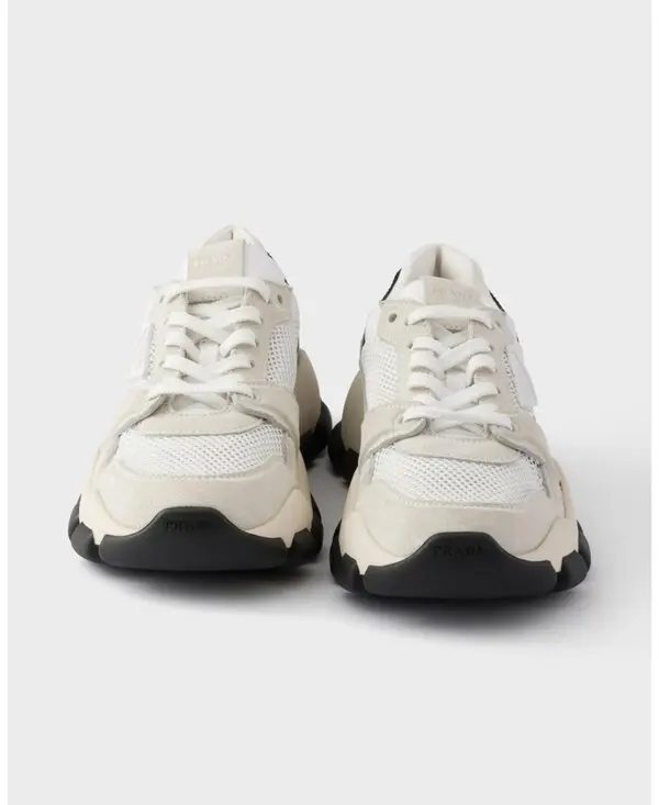 Prada Mesh Fabric And Suede Lace-up Sneakers - White