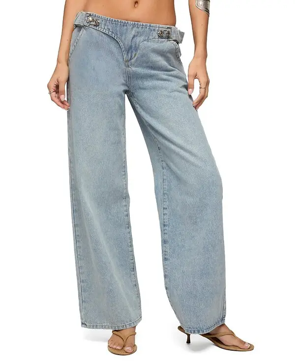EDIKTED Buckled Low Rise Baggy Jeans - Light-blue-washed