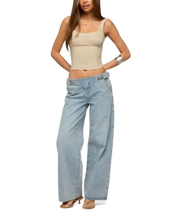 EDIKTED Buckled Low Rise Baggy Jeans - Light-blue-washed