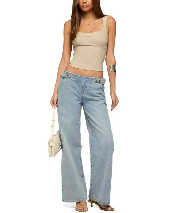 EDIKTED Buckled Low Rise Baggy Jeans - Light-blue-washed