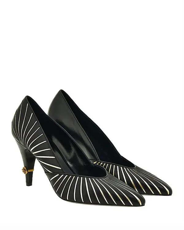 Versace Leather Pointed Toe Pumps With Gold Tone Embellishment - Black/gold