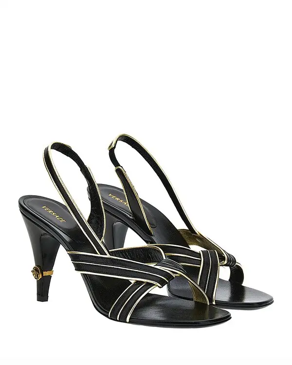 Versace Black Leather Slingback Sandals With Gold Trim