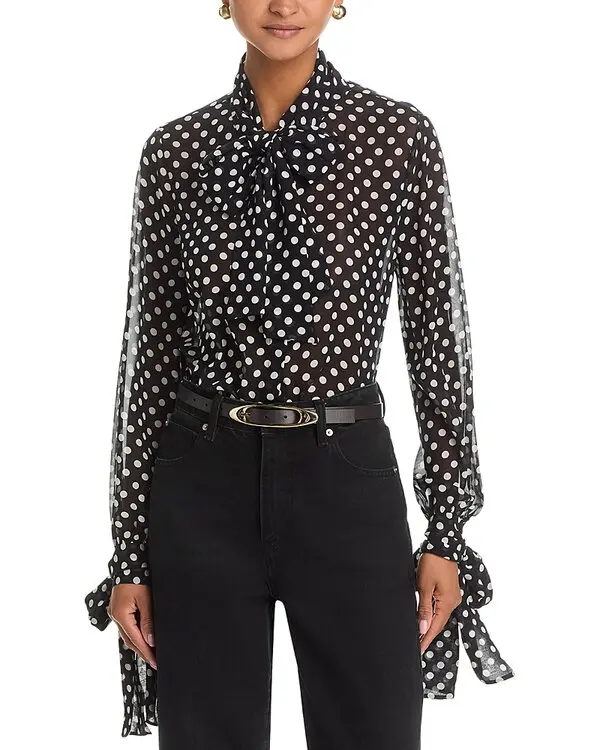 FRAME Silk Polka Dot Pussy Bow Blouse - Black Multi