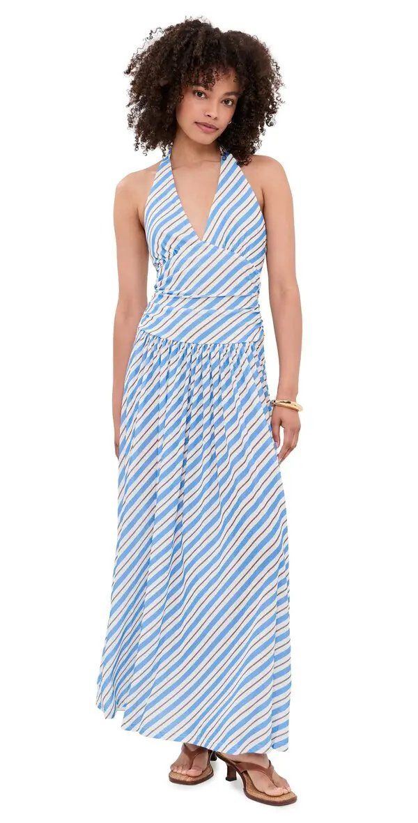 Minkpink Sancia Halterneck Stripe Midi Dress - Blue/white Stripe