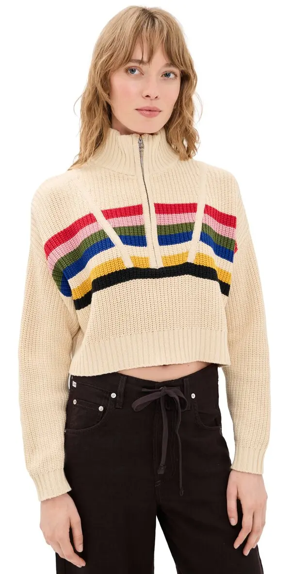 Staud Cropped Hampton Sweater With Mock Neck And Quarter Zip - Artist Stripe
