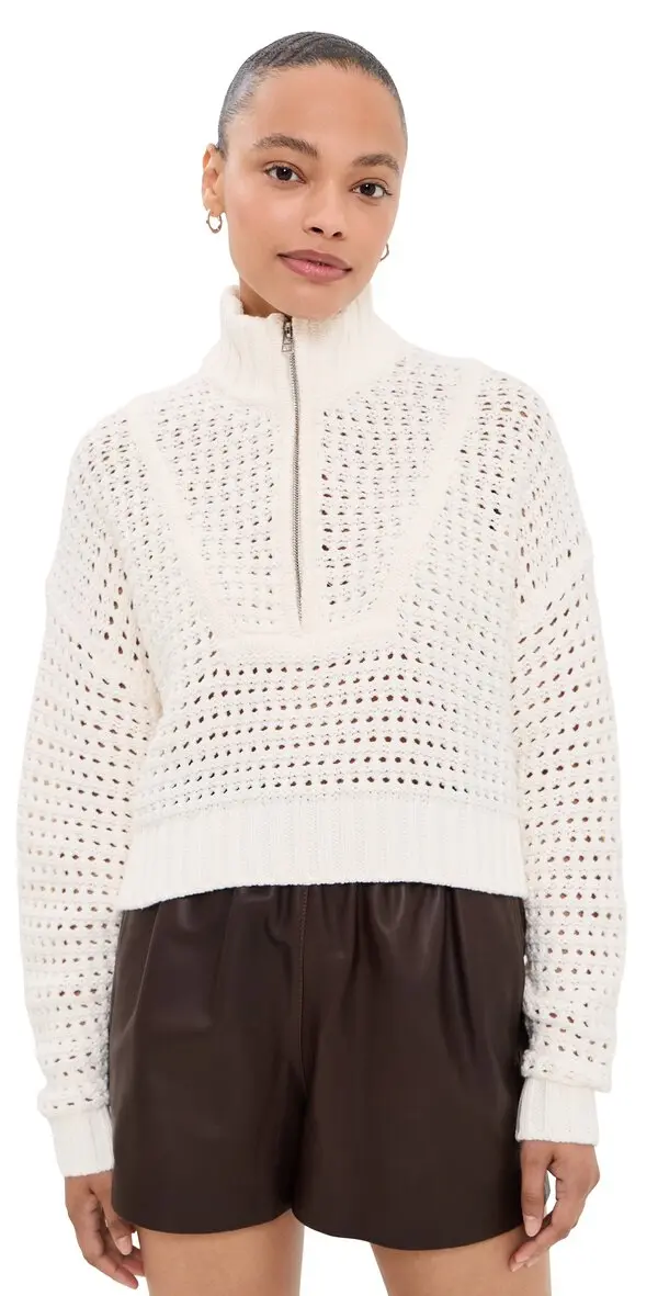 Staud Cropped Hampton Sweater With Mock Neck And Quarter Zip - Ivory