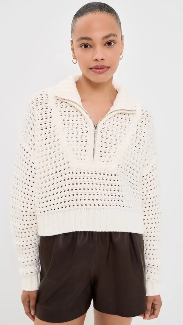 Staud Cropped Hampton Sweater With Mock Neck And Quarter Zip - Ivory