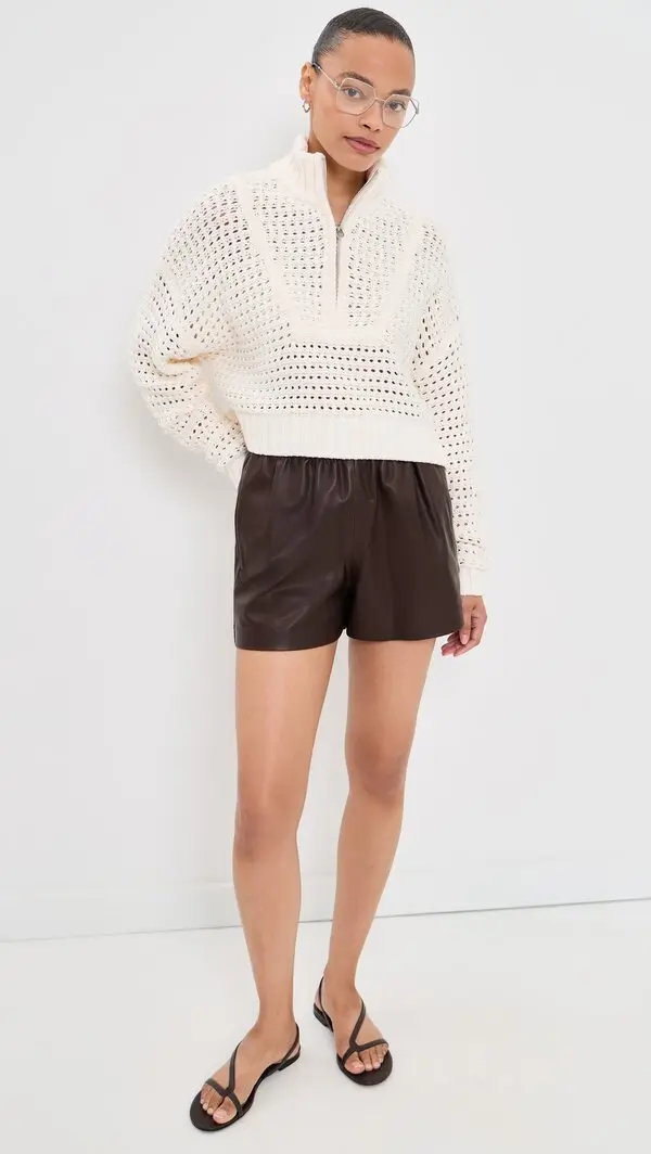Staud Cropped Hampton Sweater With Mock Neck And Quarter Zip - Ivory