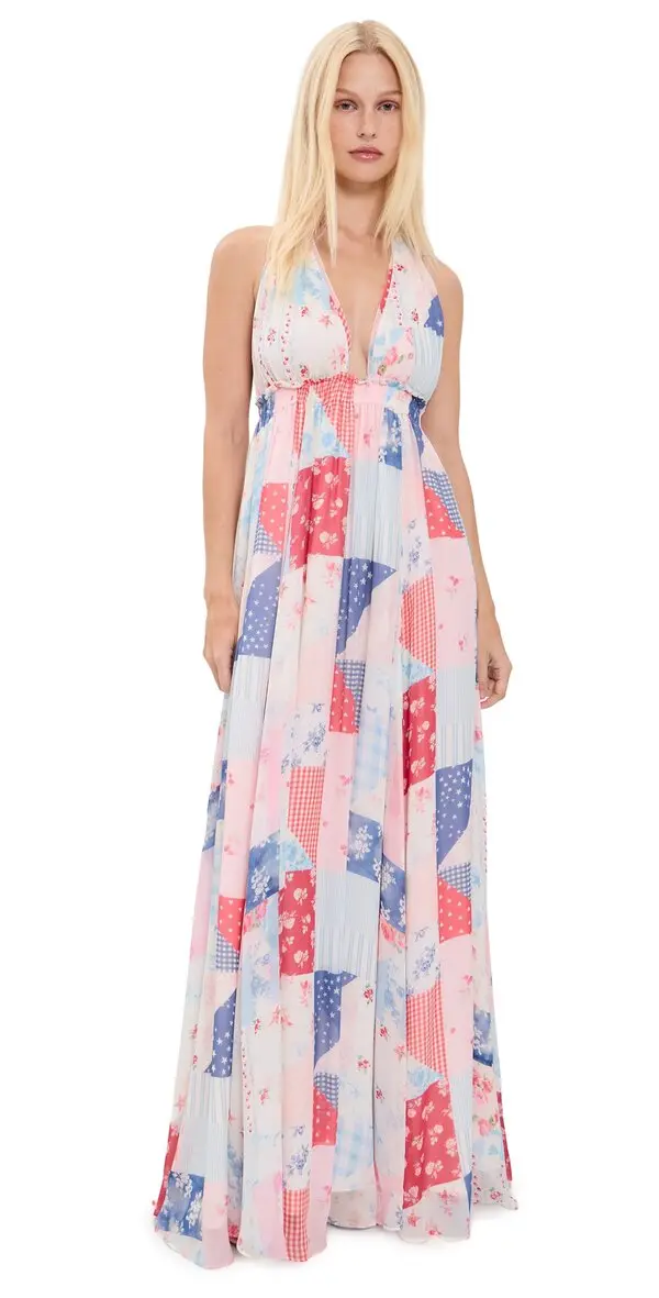 LoveShackFancy Patchwork Halterneck Maxi Dress - Blueberry Sundae