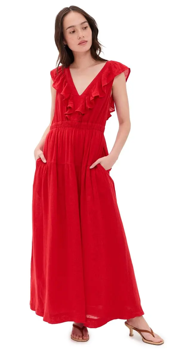 Rails Beaux Linen Blend Maxi Dress With Ruffled V-neck