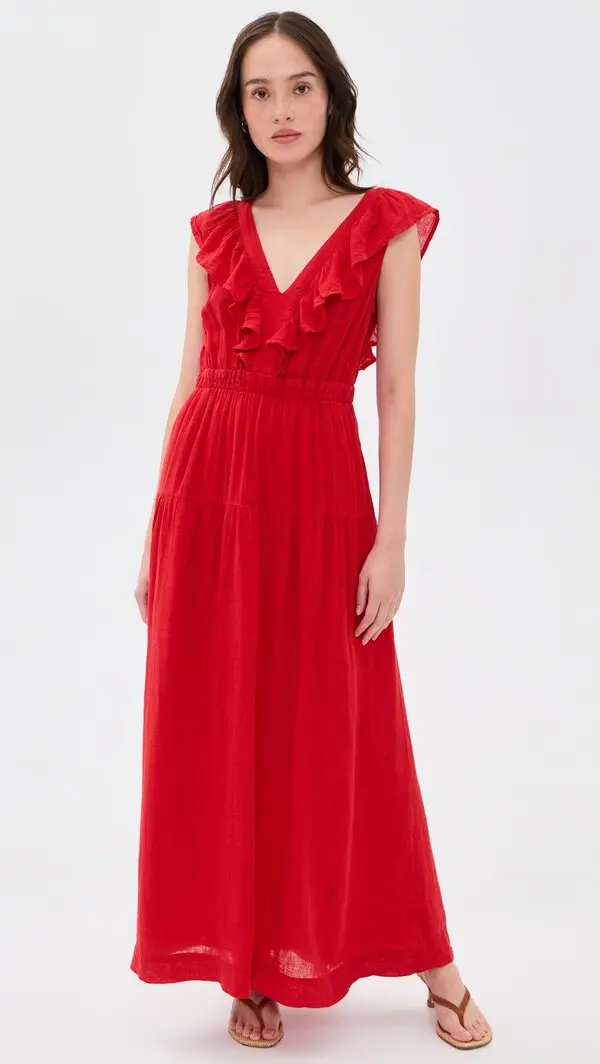 Rails Beaux Linen Blend Maxi Dress With Ruffled V-neck