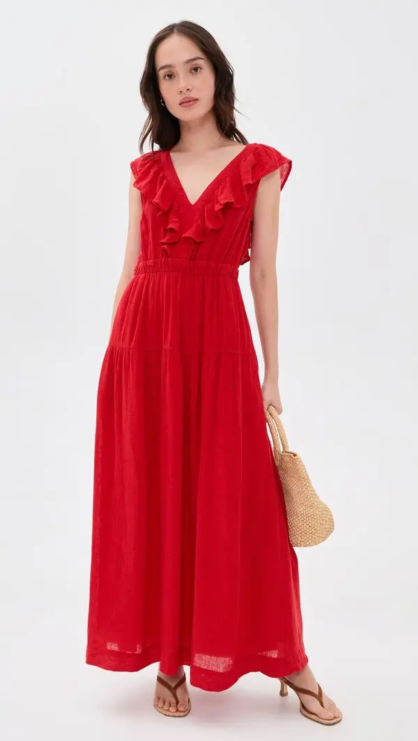 Rails Beaux Linen Blend Maxi Dress With Ruffled V-neck