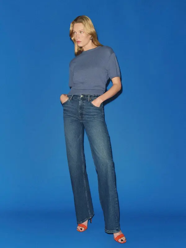REFORMATION Hunter Stretch Mid Rise Wide Leg Jeans - Blue