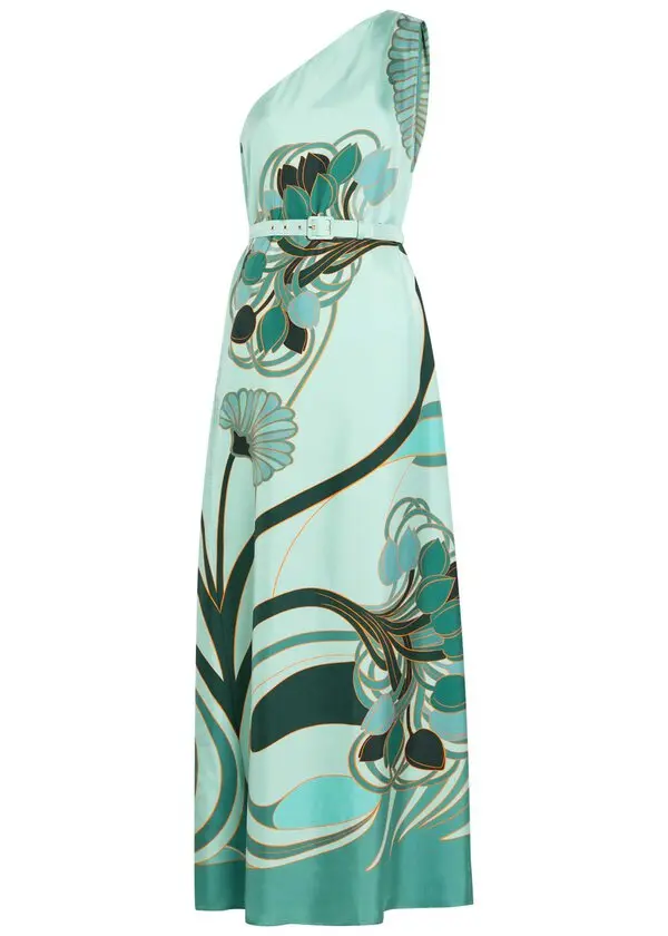 La DoubleJ Printed Silk One-shoulder Maxi Dress With Belt