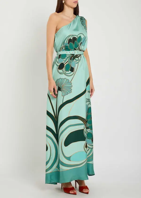 La DoubleJ Printed Silk One-shoulder Maxi Dress With Belt