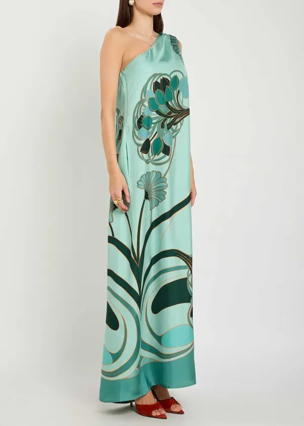La DoubleJ Printed Silk One-shoulder Maxi Dress With Belt