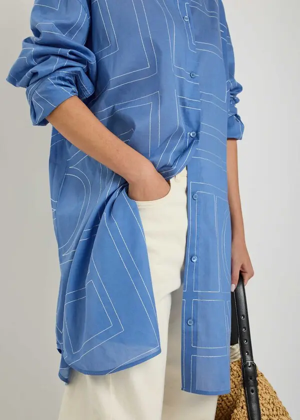 TOTEME Embroidered Cotton-blend Longline Shirt - Blue