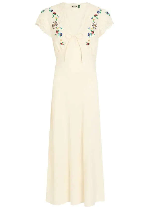 Rixo Amari Embroidered Linen-blend Midi Dress - Cream