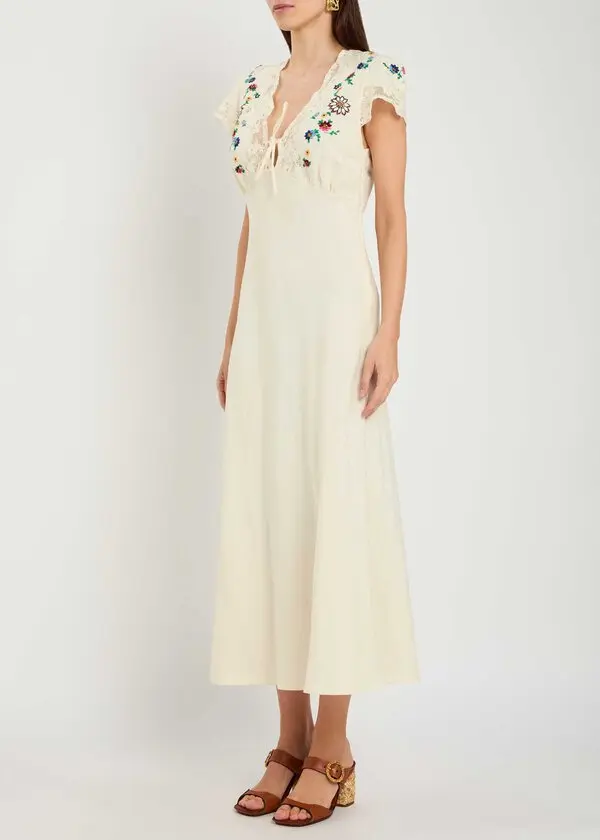 Rixo Amari Embroidered Linen-blend Midi Dress - Cream