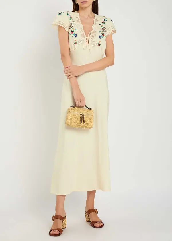 Rixo Amari Embroidered Linen-blend Midi Dress - Cream