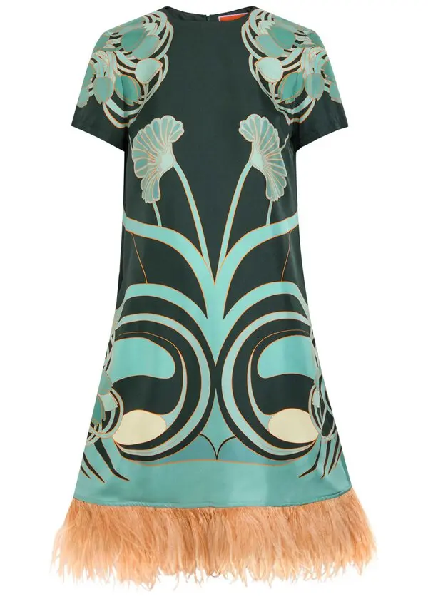 La DoubleJ Swing Feather-embellished Silk Midi Dress - Blue