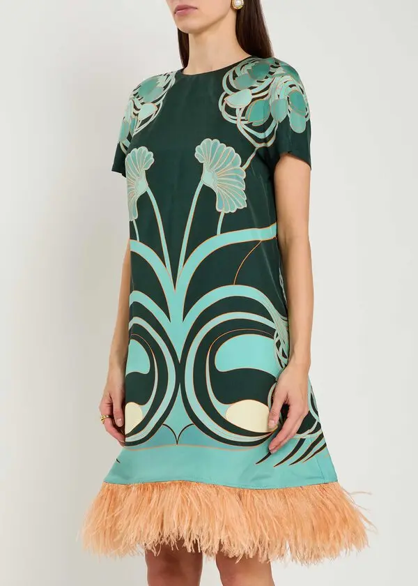 La DoubleJ Swing Feather-embellished Silk Midi Dress