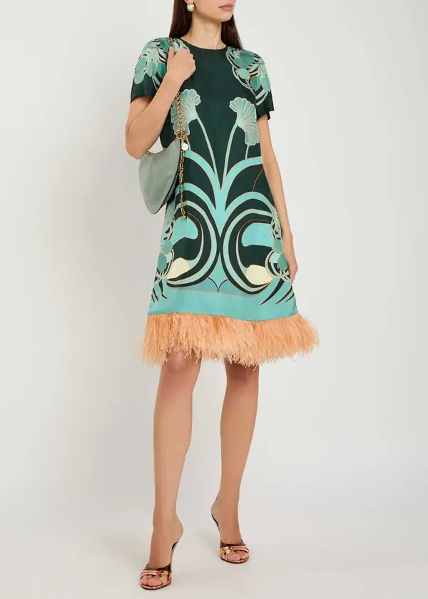 La DoubleJ Swing Feather-embellished Silk Midi Dress